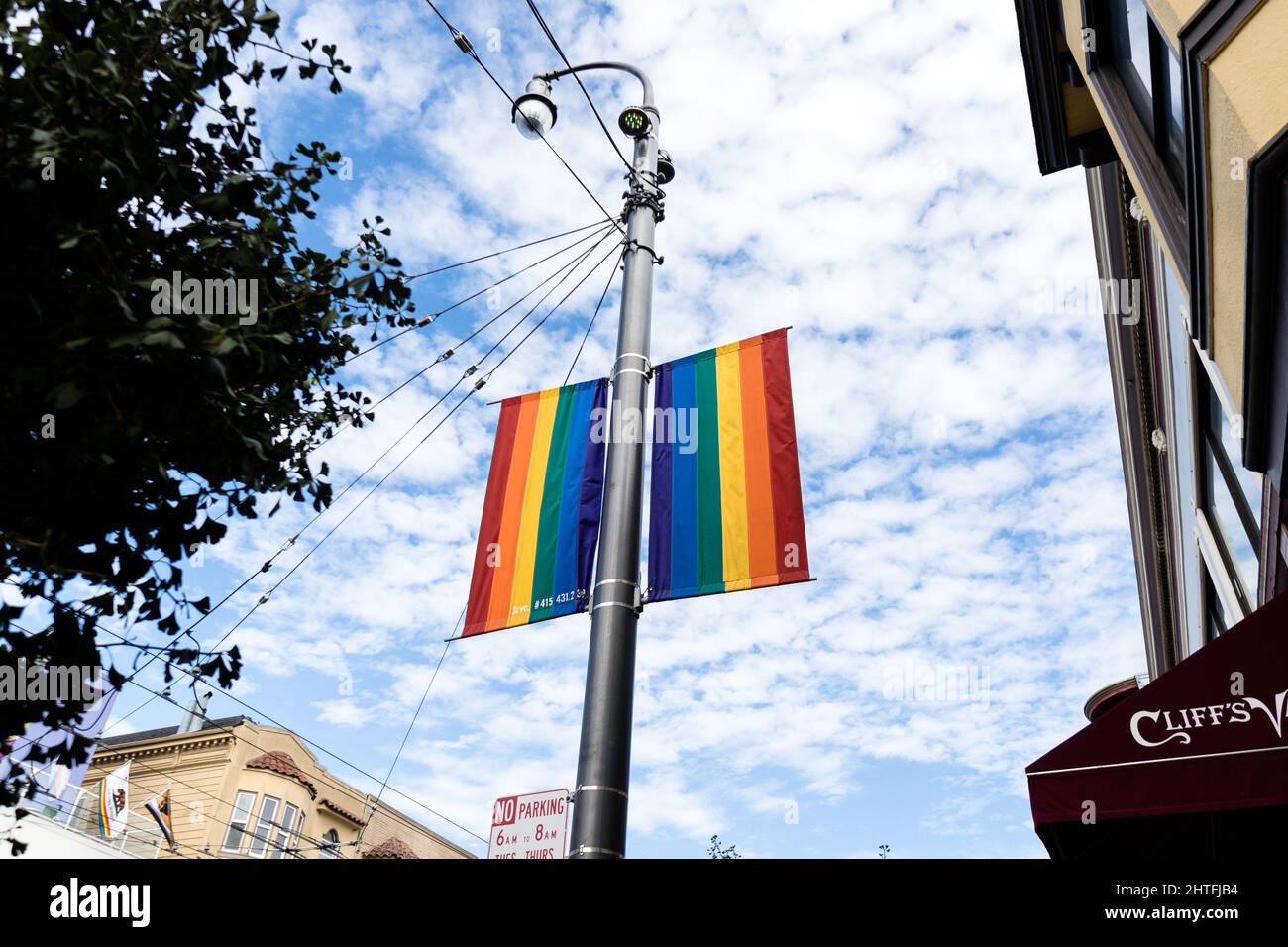 Pole with the gay pride rainbow flag in the Castro District in San ...
