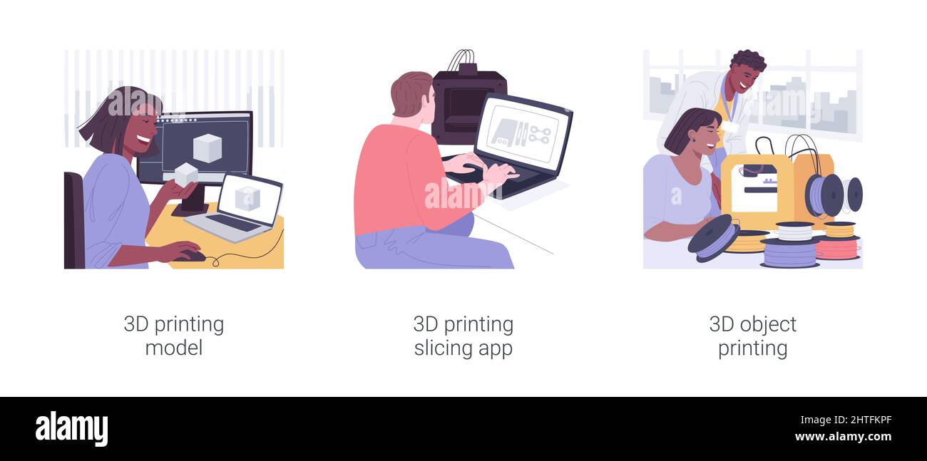 3D printing process isolated cartoon vector illustrations set Stock ...