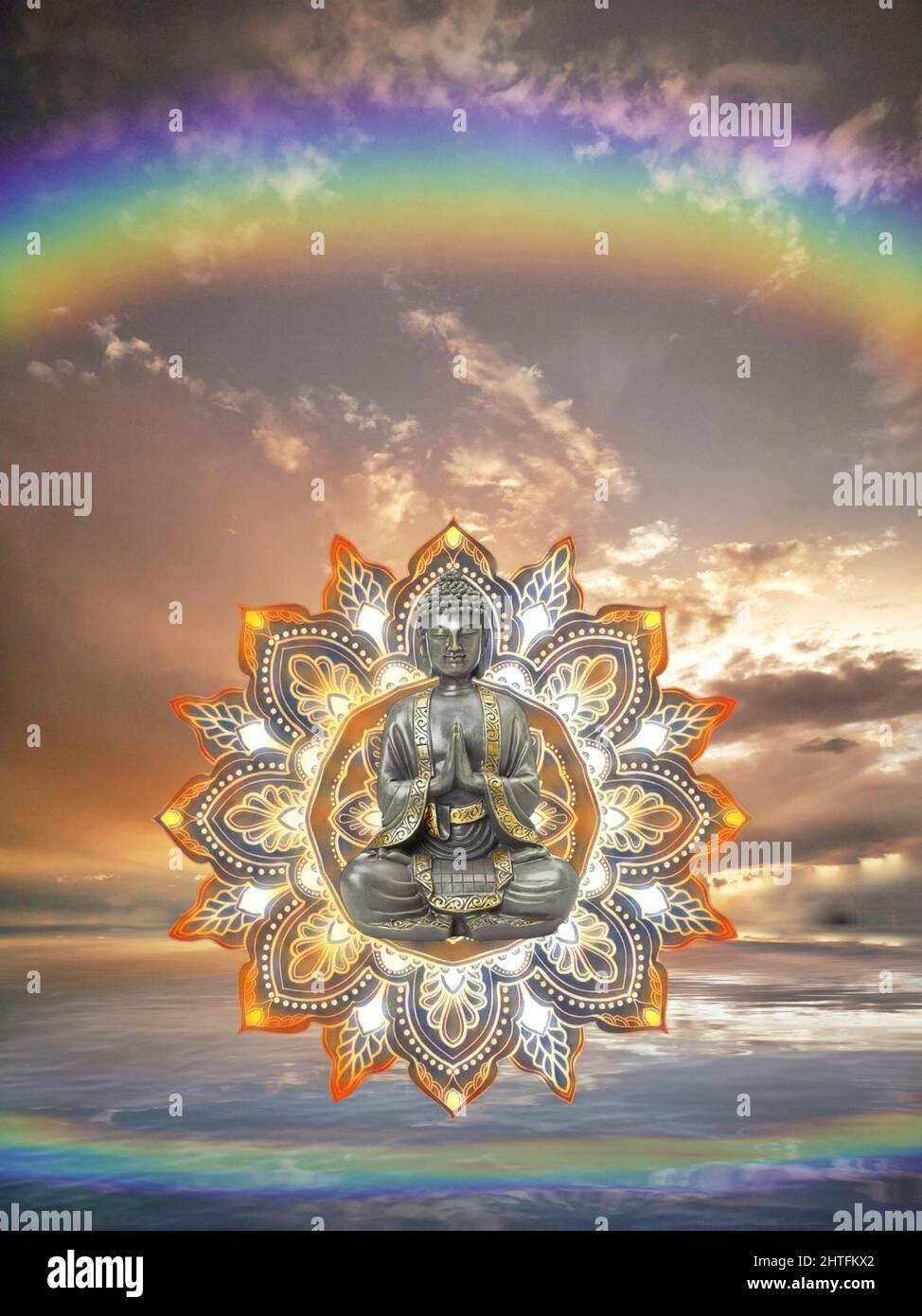 Spiritual background with buddha statue and life tree isolated in color ...