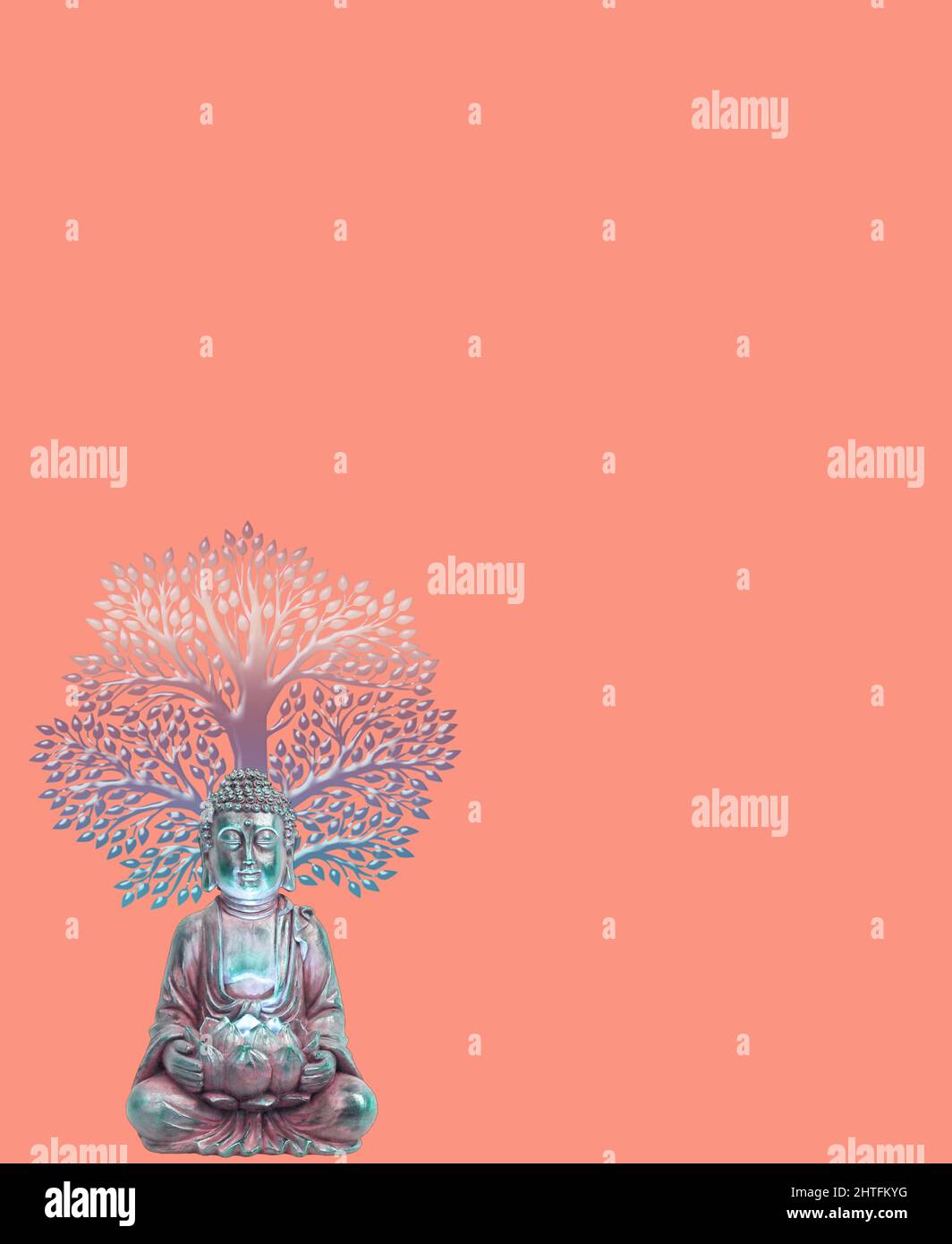 Spiritual background with buddha statue and life tree isolated in color ...