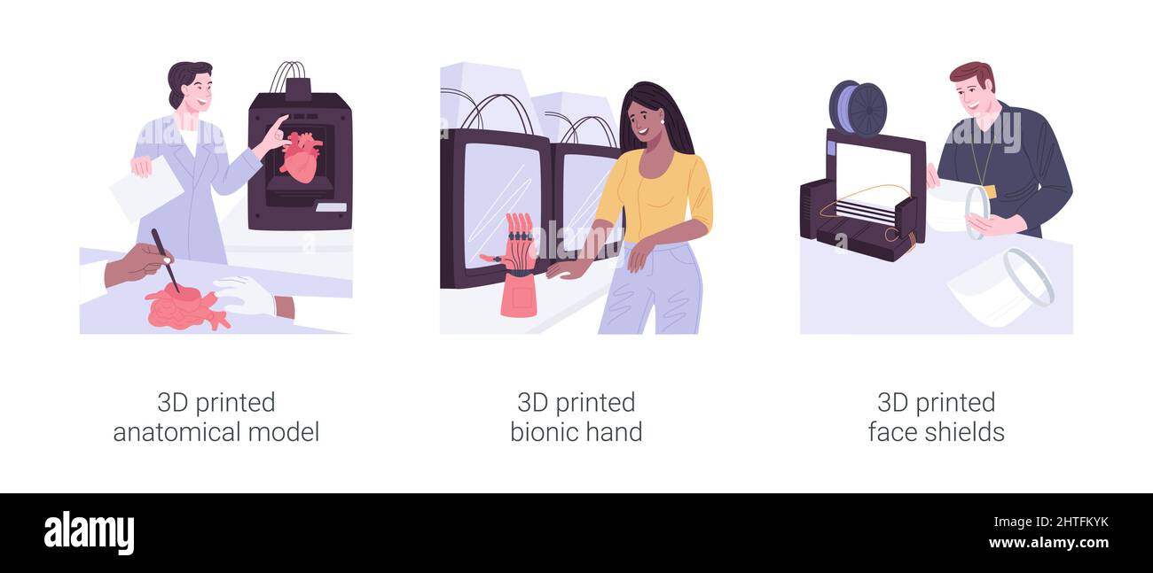 3D printing in healthcare isolated cartoon vector illustrations set ...