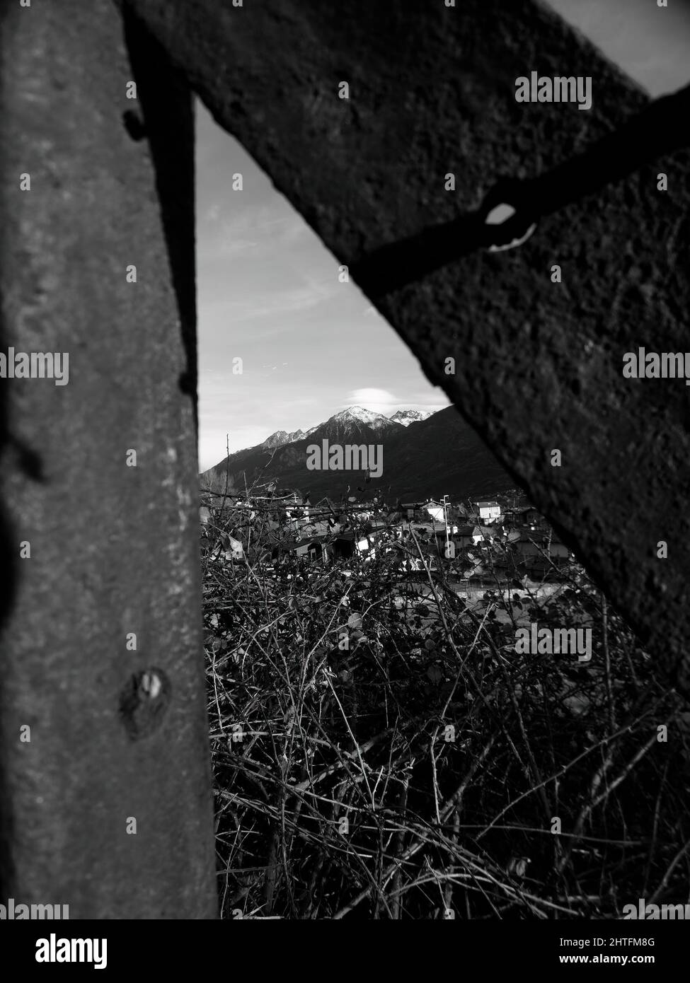 Black and white mountain landscape with nature frame in the foreground ...