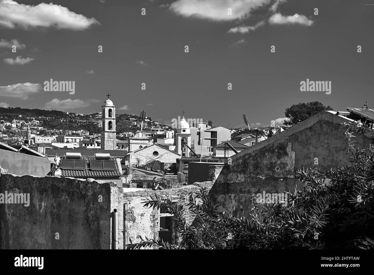 Roofs and towers of historic buildings in the city of Chania on the ...