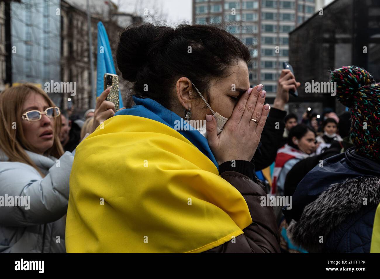 Istanbul, Turkey. 28th Feb, 2022. A protester cries during an anti-war ...