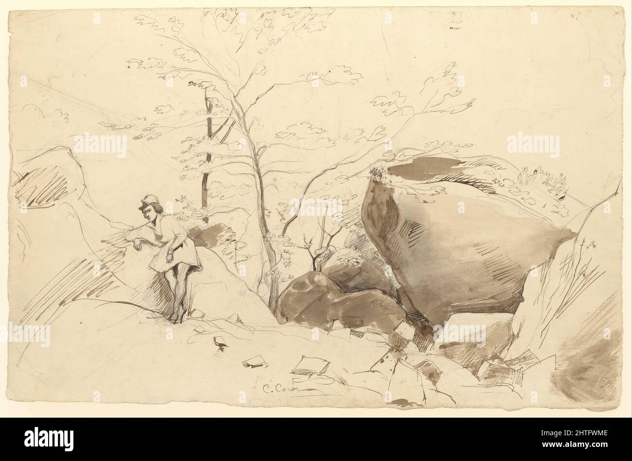 Jean-Baptiste-Camille Corot - Fontainebleau, Figure Leaning Against a ...