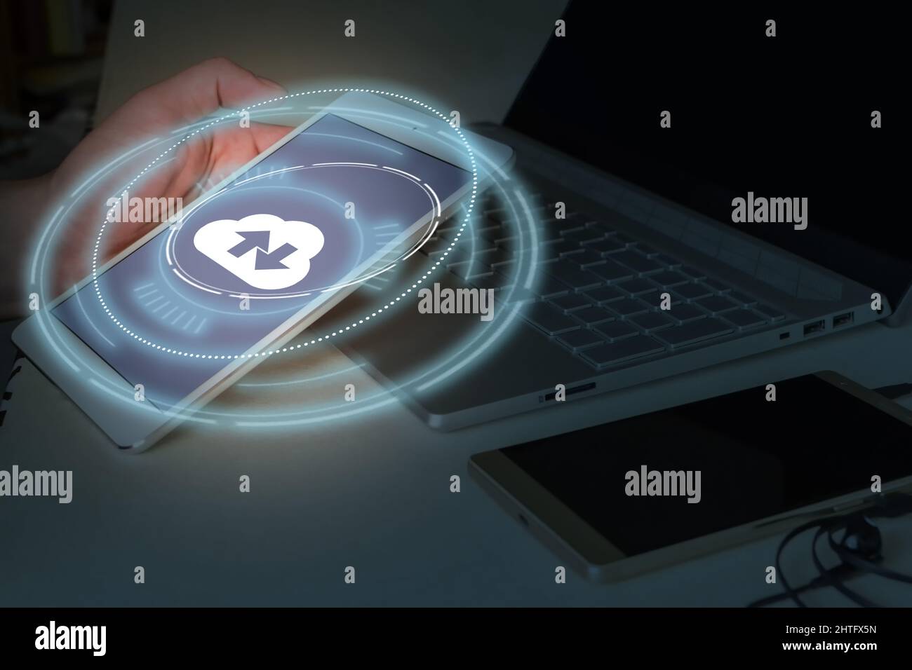 Digital marketing picture of Cloud upload from tablet to store data on ...