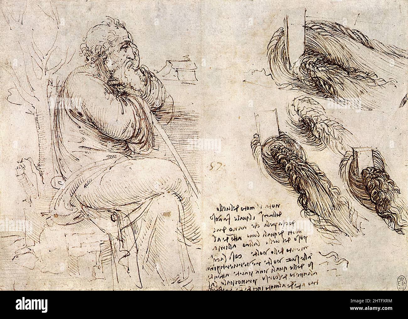 Leonardo Da Vinci - Seated Man Studies Notes Movement Water C 1510 ...