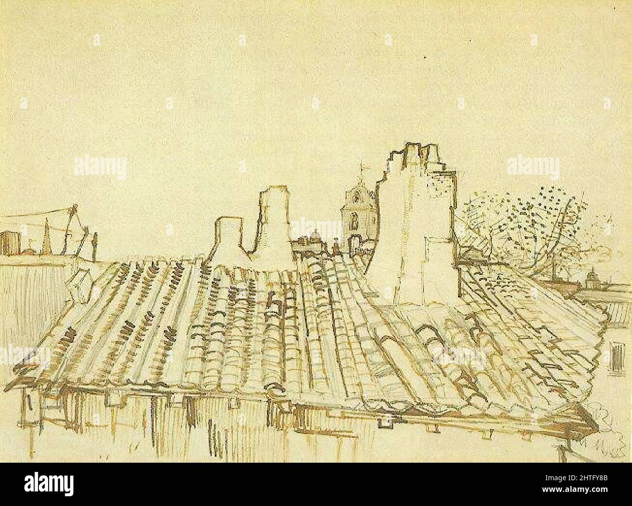 Vincent Van Gogh - Tiled Roof with Chimneys Church Tower 1888 Stock ...