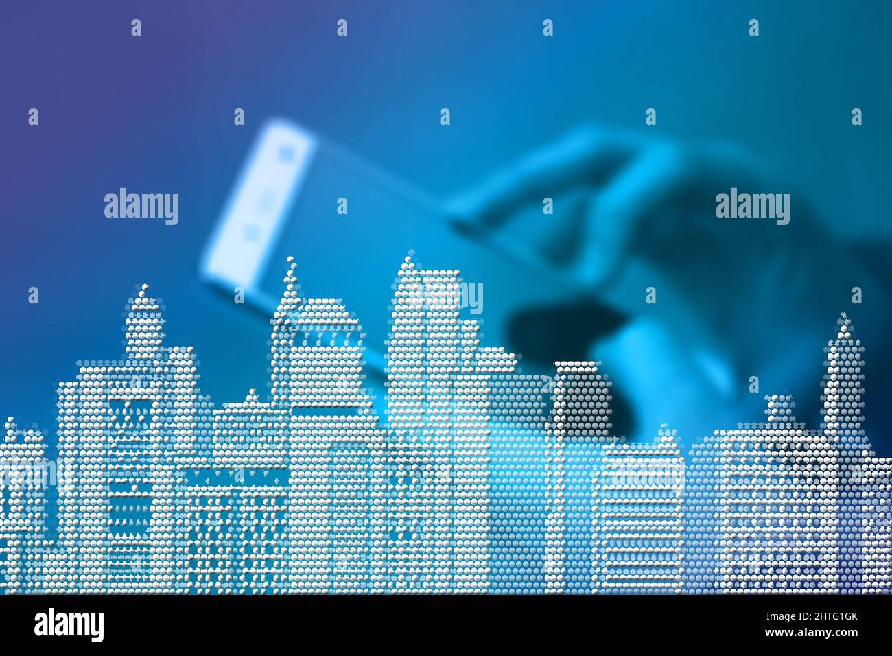 Urban silhouette with a tech background Stock Photo - Alamy