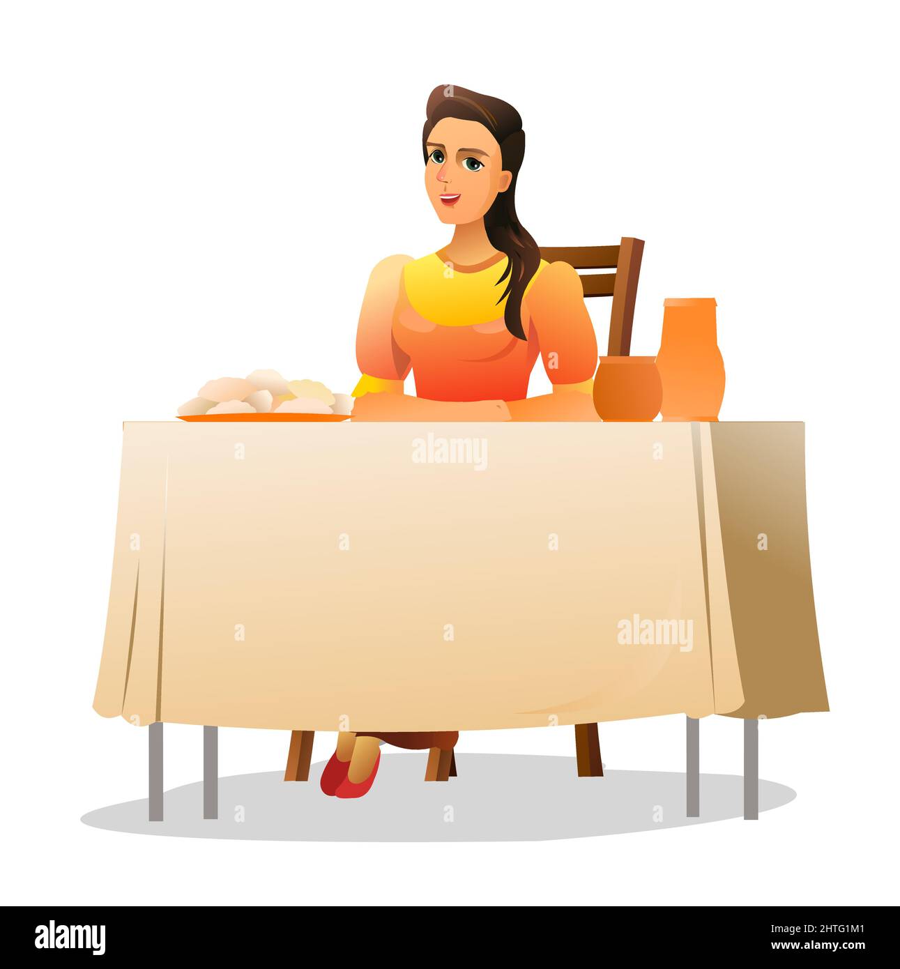 Don Cossack girl sitting at dining table. Russian folk clothes. Cartoon ...