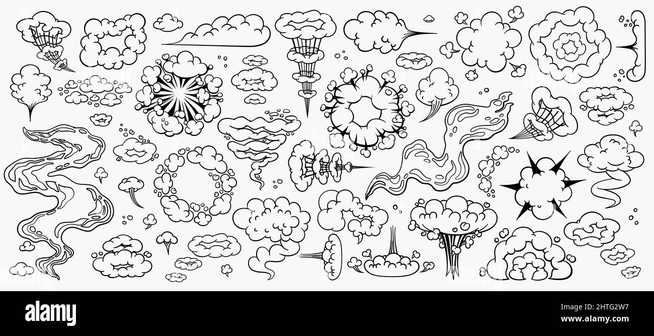 Comic clouds, cartoon vector clouds in line style isolated on light ...