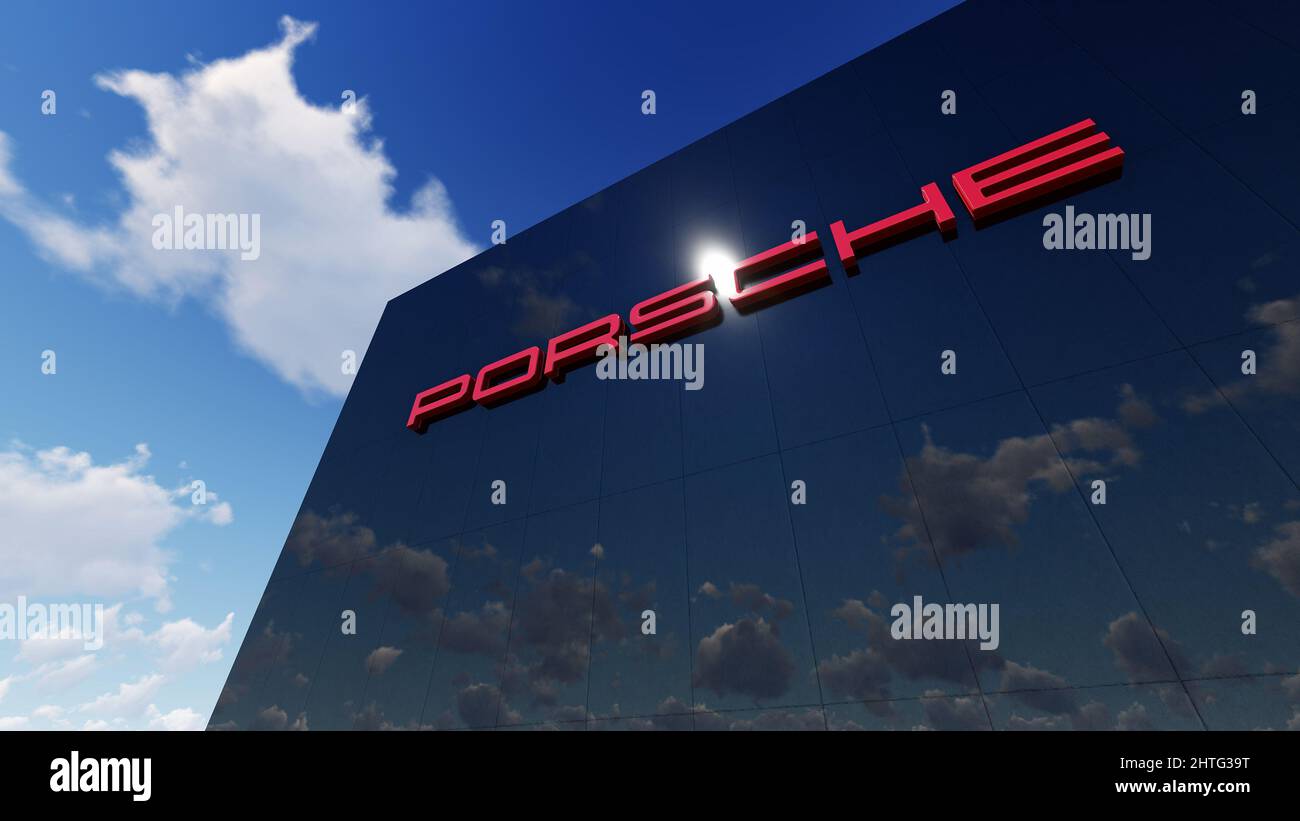 Porsche logo on the wall, Editorial use only, 3D rendering Stock Photo ...