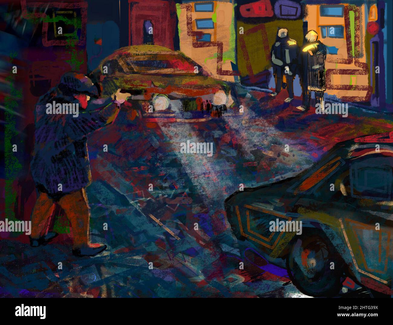 a cartoon like illustration of a shootout on a night street Stock Photo ...