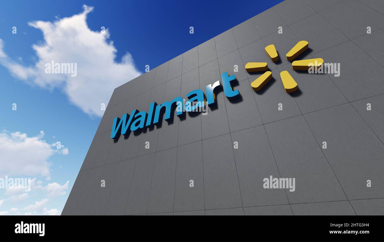 Walmart logo on the wall, Editorial use only, 3D rendering Stock Photo ...