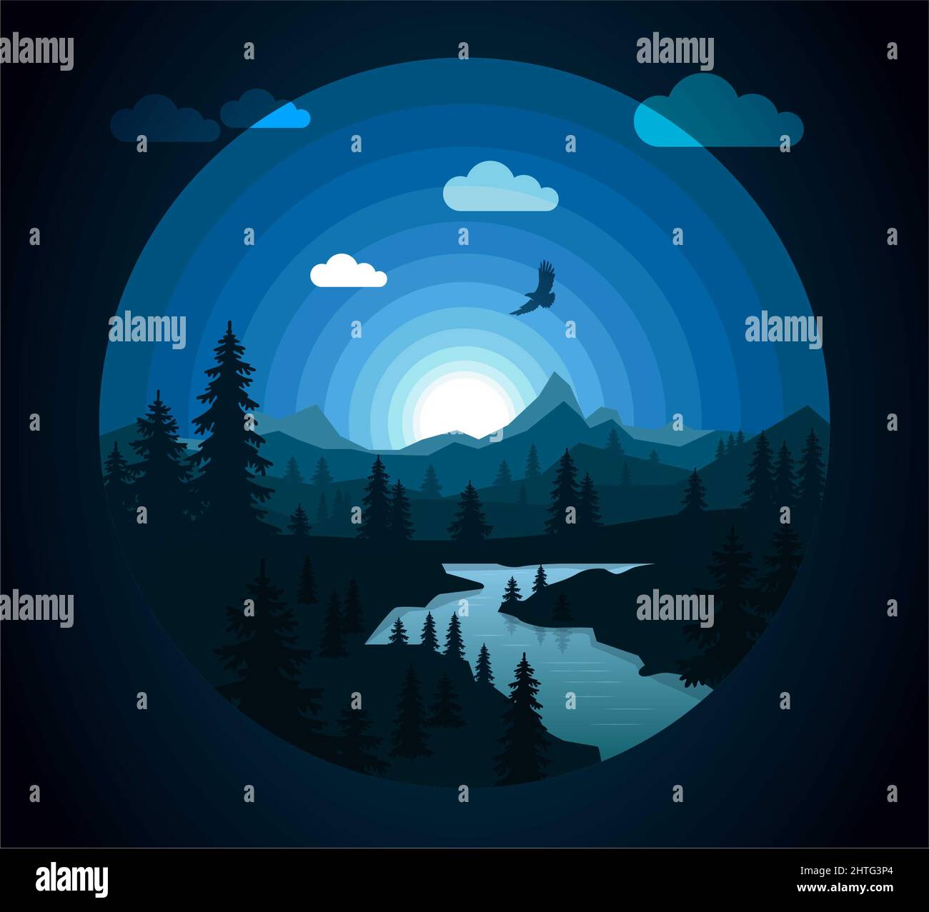 Beautiful illustration of a forest at night in a circle Stock Photo - Alamy