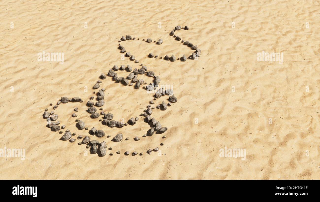 Concept or conceptual stones on beach sand handmade symbol shape ...