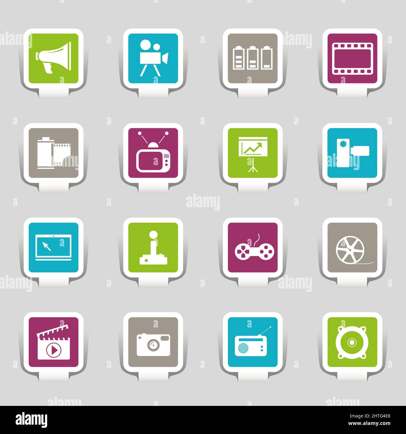 Simple illustration of small icons in squares on a grey background ...
