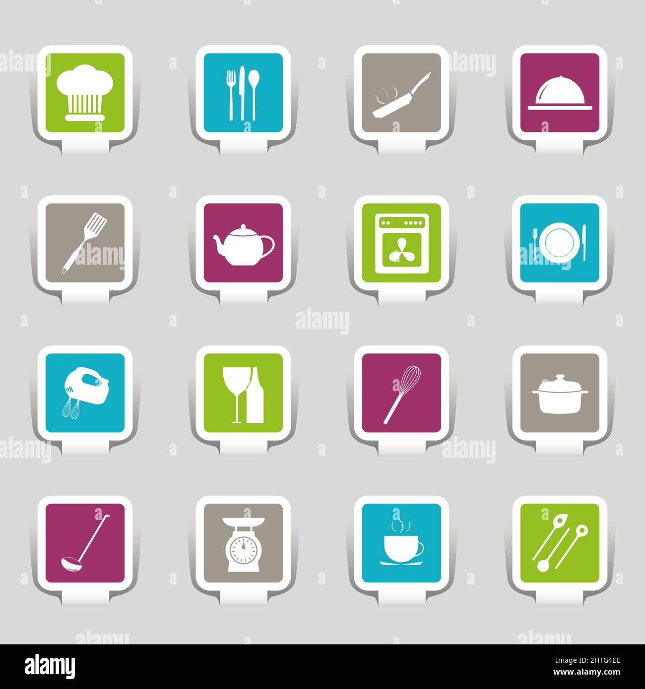 Simple illustration of small icons in squares on a grey background ...