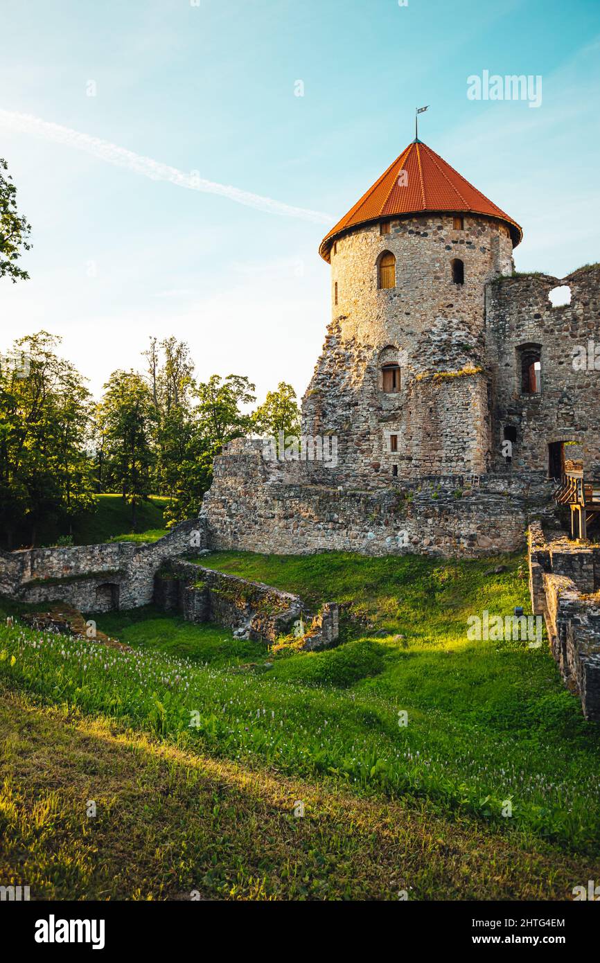 The ruins of ancient Livonian castle in the old town of Cesis in Latvia ...