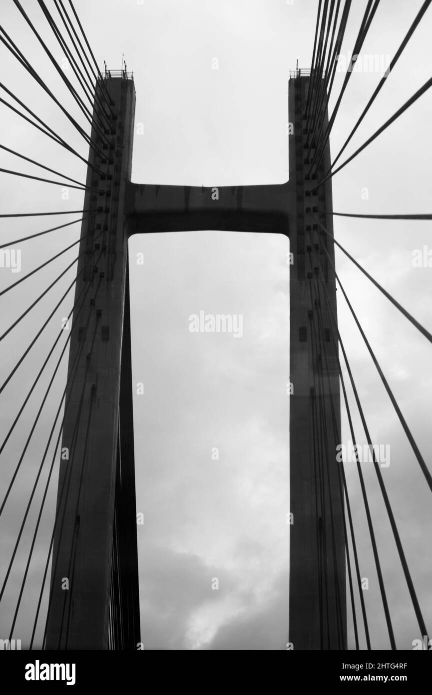 Grayscale vertical shot of a cable-stayed bridge in the highway Stock ...