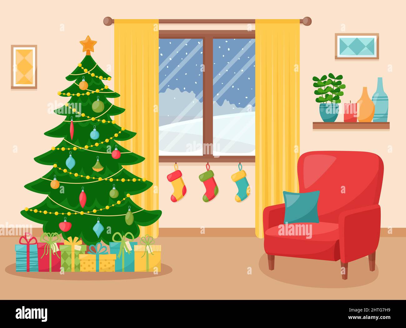 Cozy living interior with Christmas tree. New Year decorated living ...