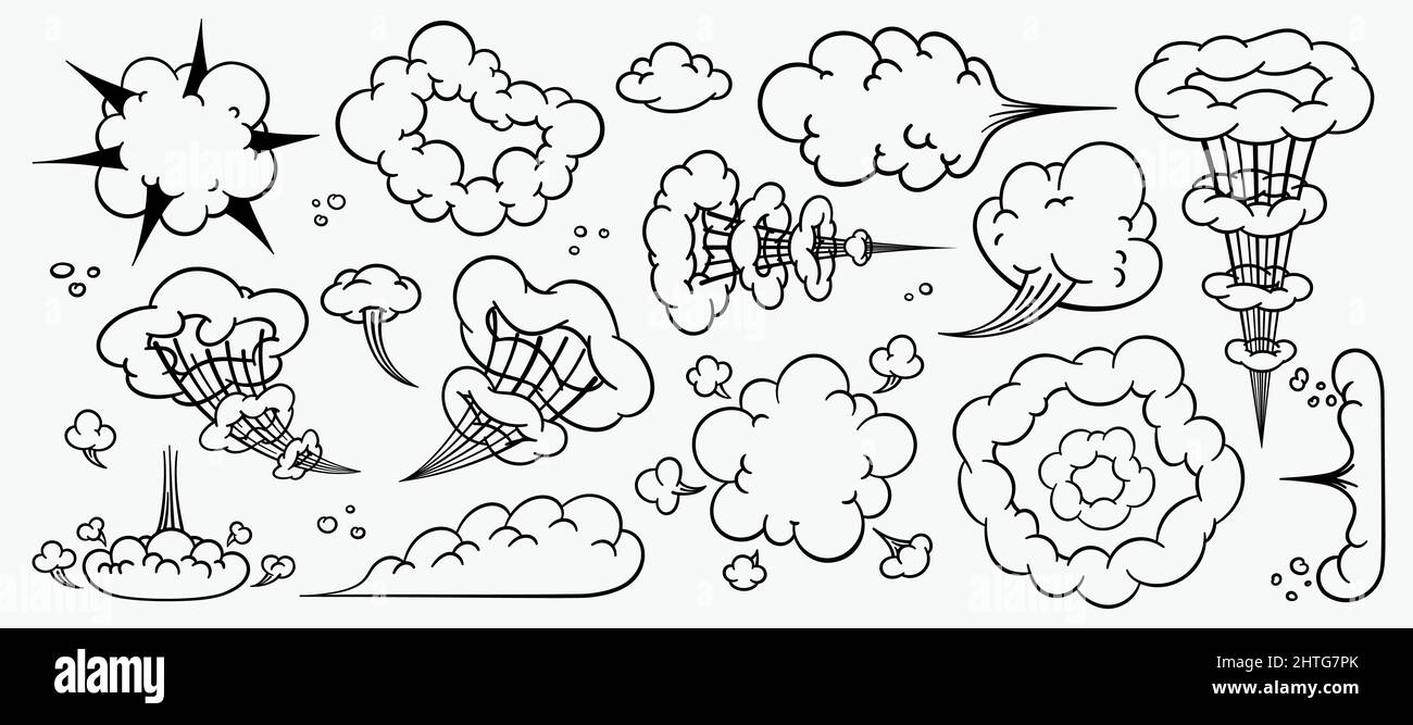 Comic clouds, cartoon vector clouds in line style isolated on light ...