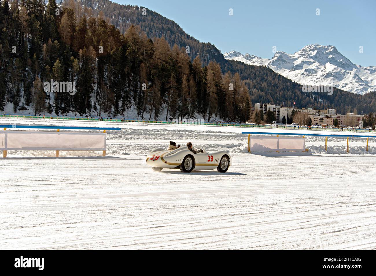 A classic vintage car on the frozen lake of St Moritz in winter Stock ...