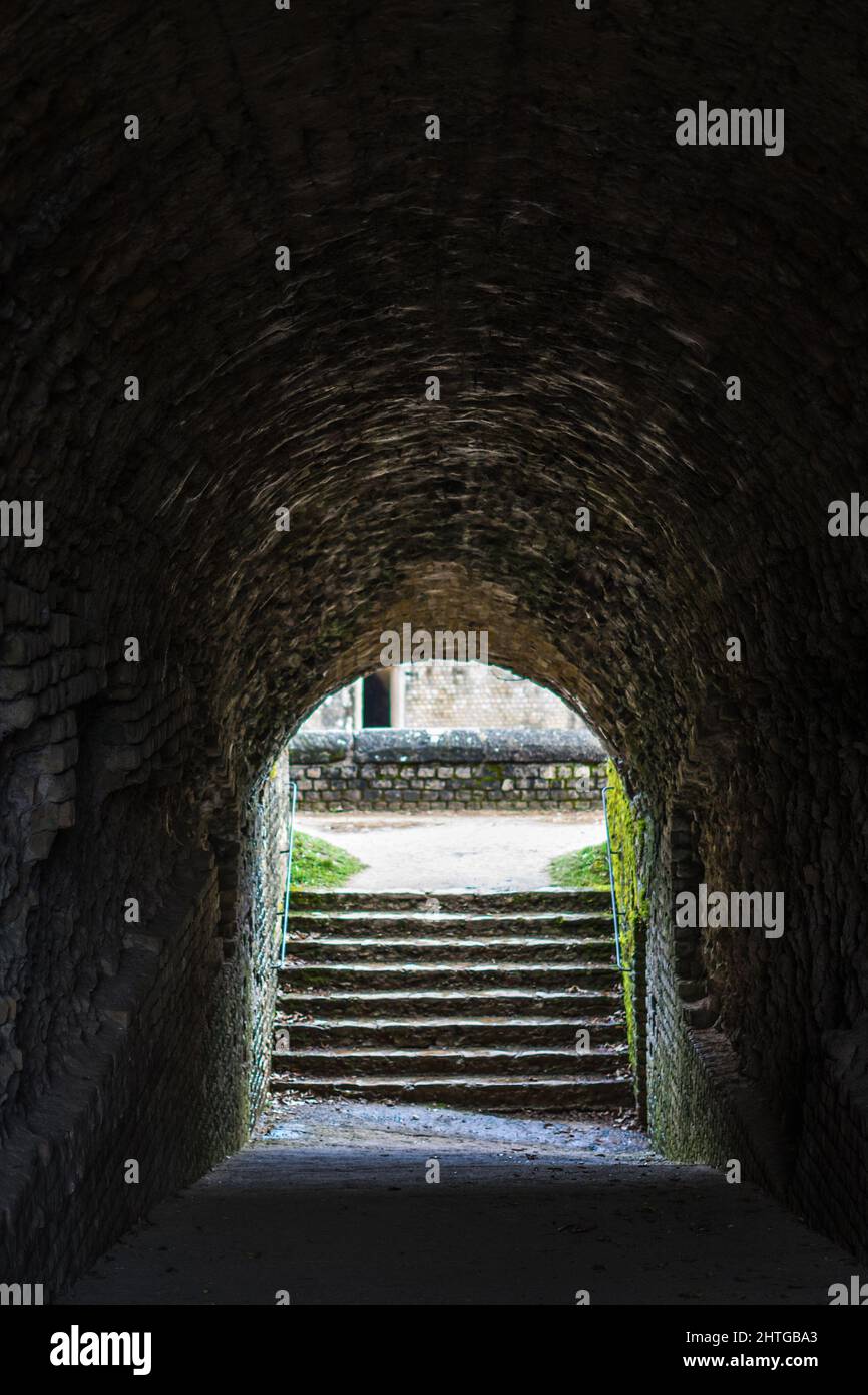 Arched entrance with mossy walls and the stairs of the Trier ...