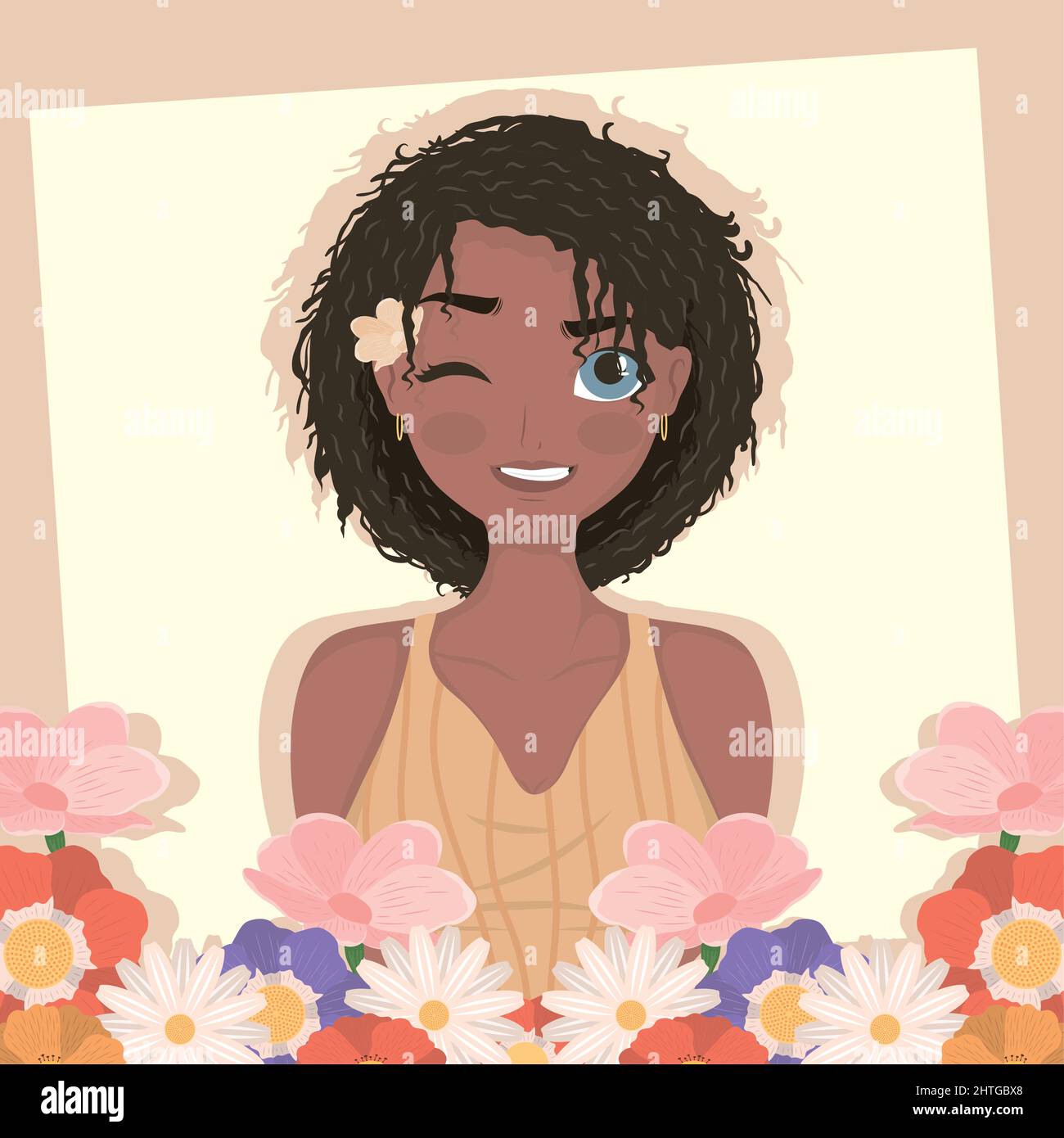 afro woman with flowers character Stock Vector Image & Art - Alamy