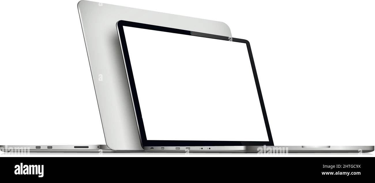 Two opened laptops back to back isolated on a white background Stock ...