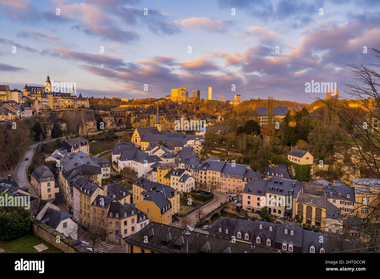 Aerial view of the lower town of Luxembourg City with Kirchberg ...