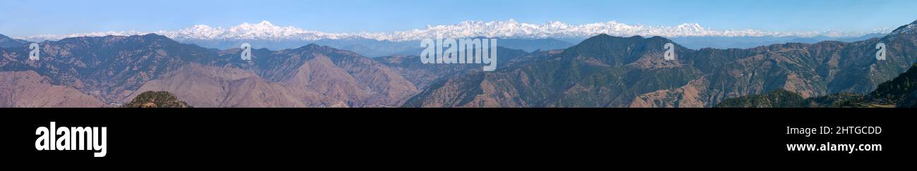 Himalaya, panoramic view of Indian Himalayas mountains, great Himalayan range, Uttarakhand India ...