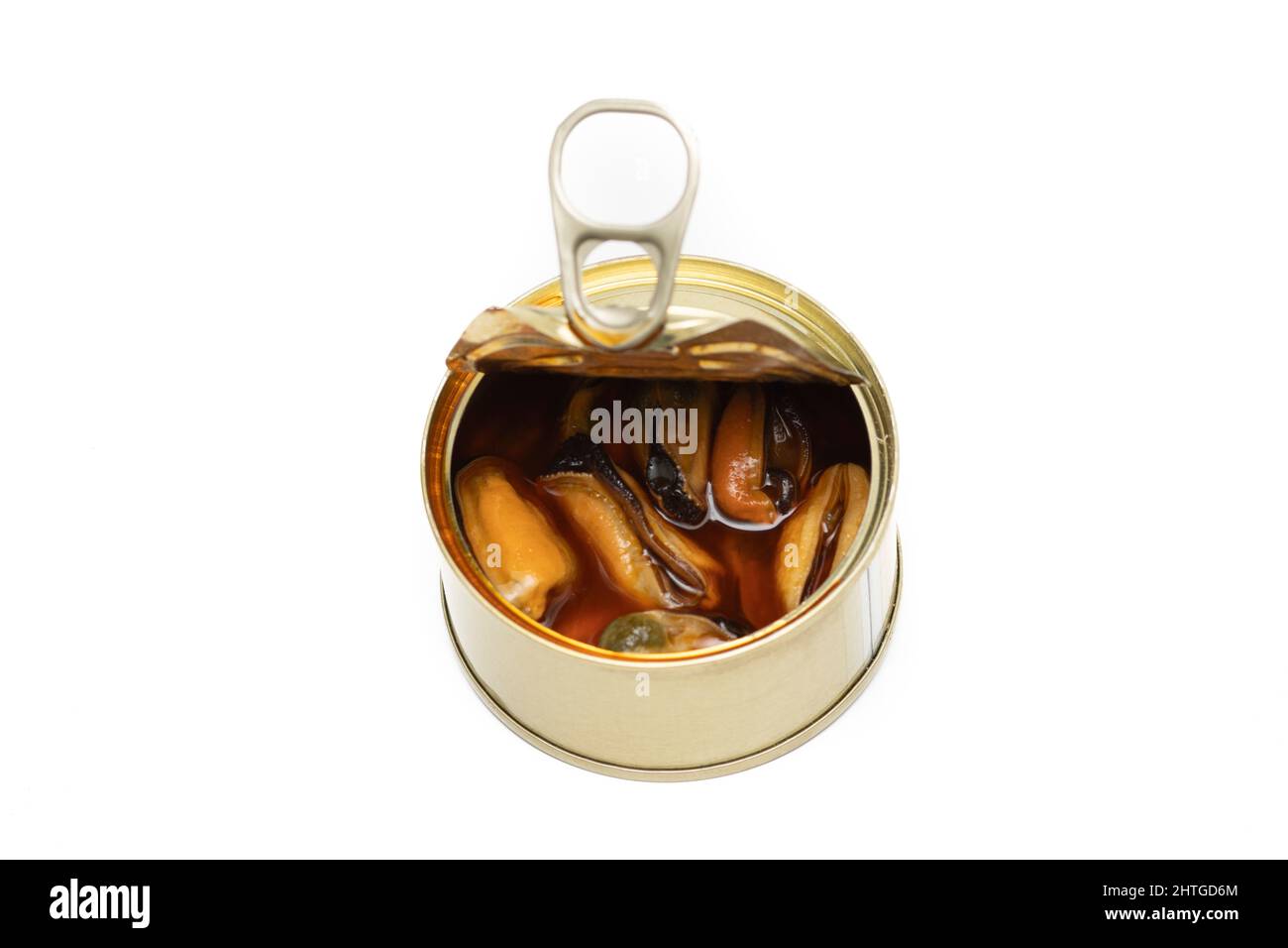 A can of preserves with mussels, isolated on white background. Food ...