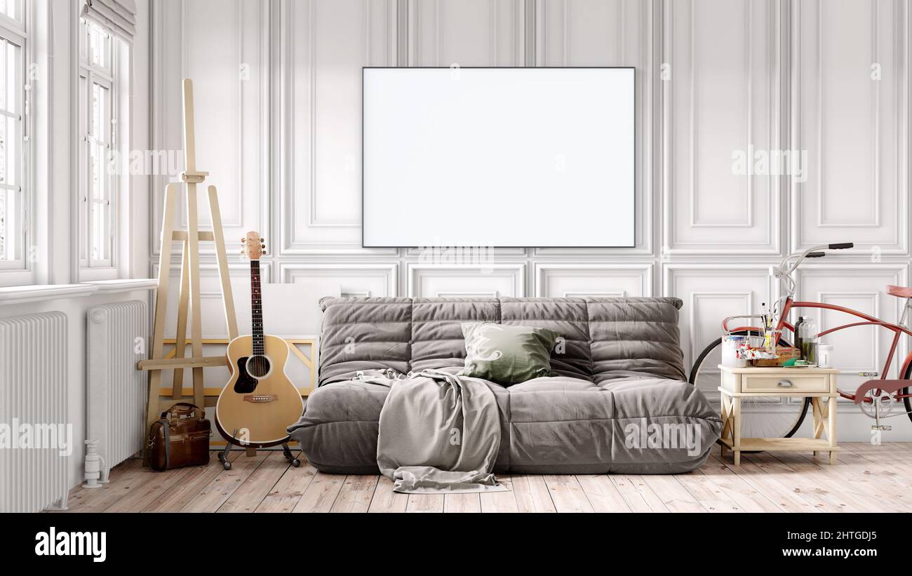 Modern interior of a room with an empty painting. Sofa and large window ...