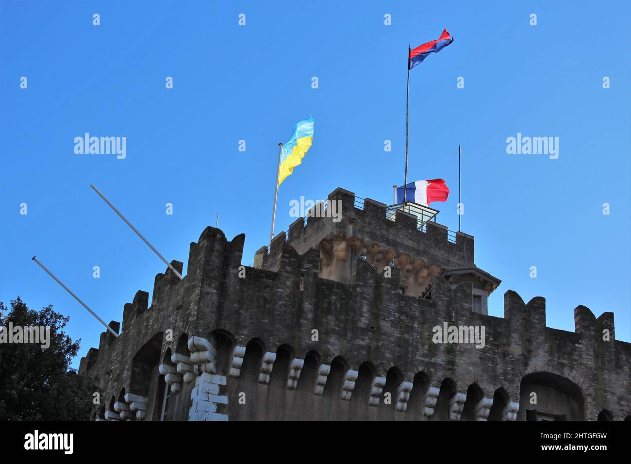 Cagnes sur Mer, France - February 28, 2022: Ukrainian flag flies with ...