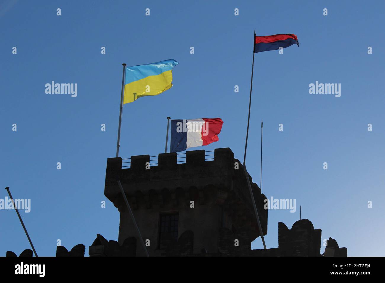 Ukrainian flag flown alongside the flags of France and the city of ...