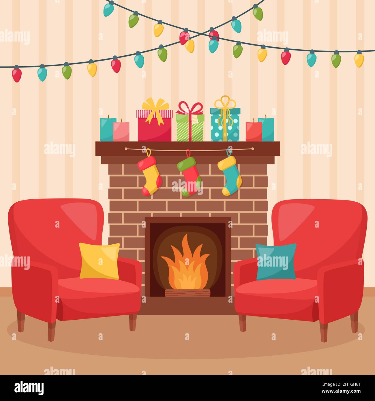 Cozy living interior with fireplace. Christmas decorated living room ...