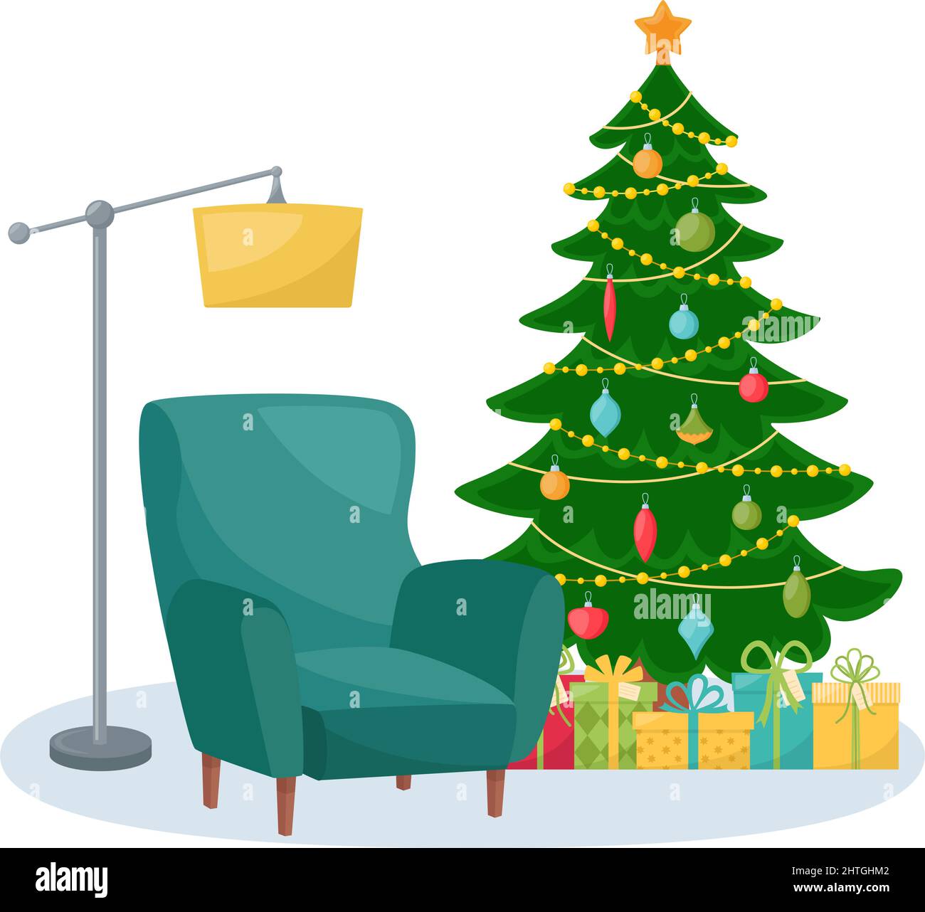 Christmas room interior. Fir tree, gifts, armchair and floor lamp. New ...