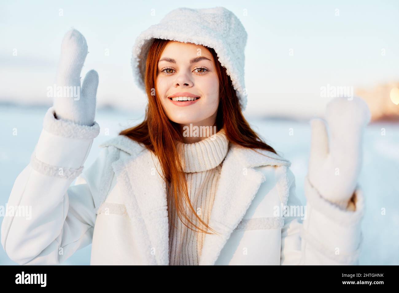 beautiful woman winter weather snow posing nature rest Fresh air Stock ...