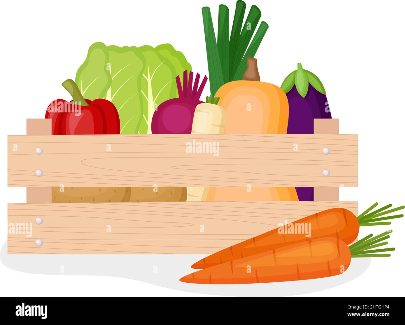 Fresh farm vegetable in wooden box, vector illustration Stock Vector ...