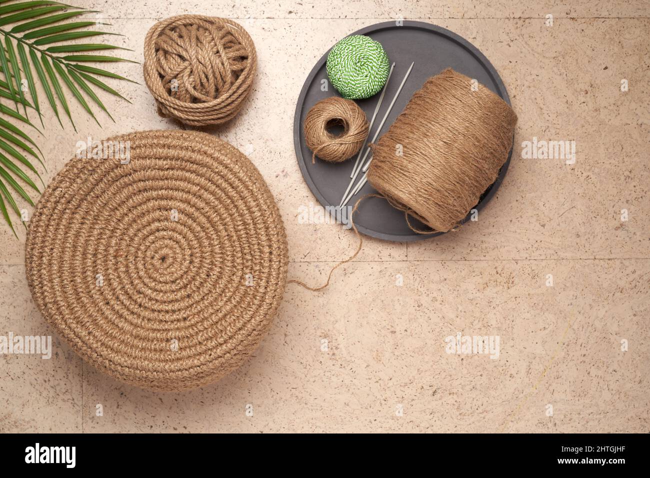 Jute crochet knitting bagger basket, tools and ropes. Flat lay hobby ...