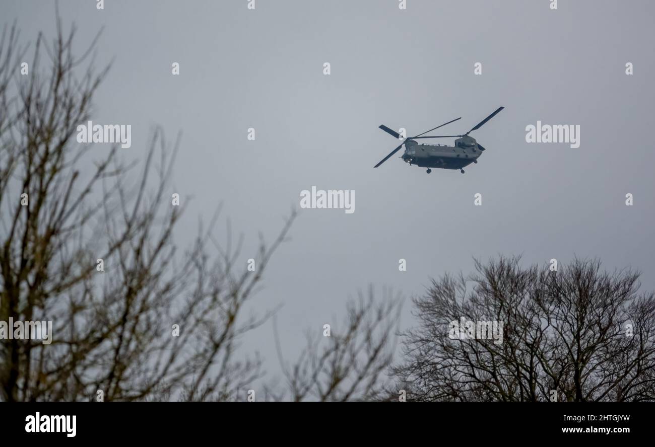 RAF Chinook tandem-rotor CH-47 helicopter flying fast and low in a ...