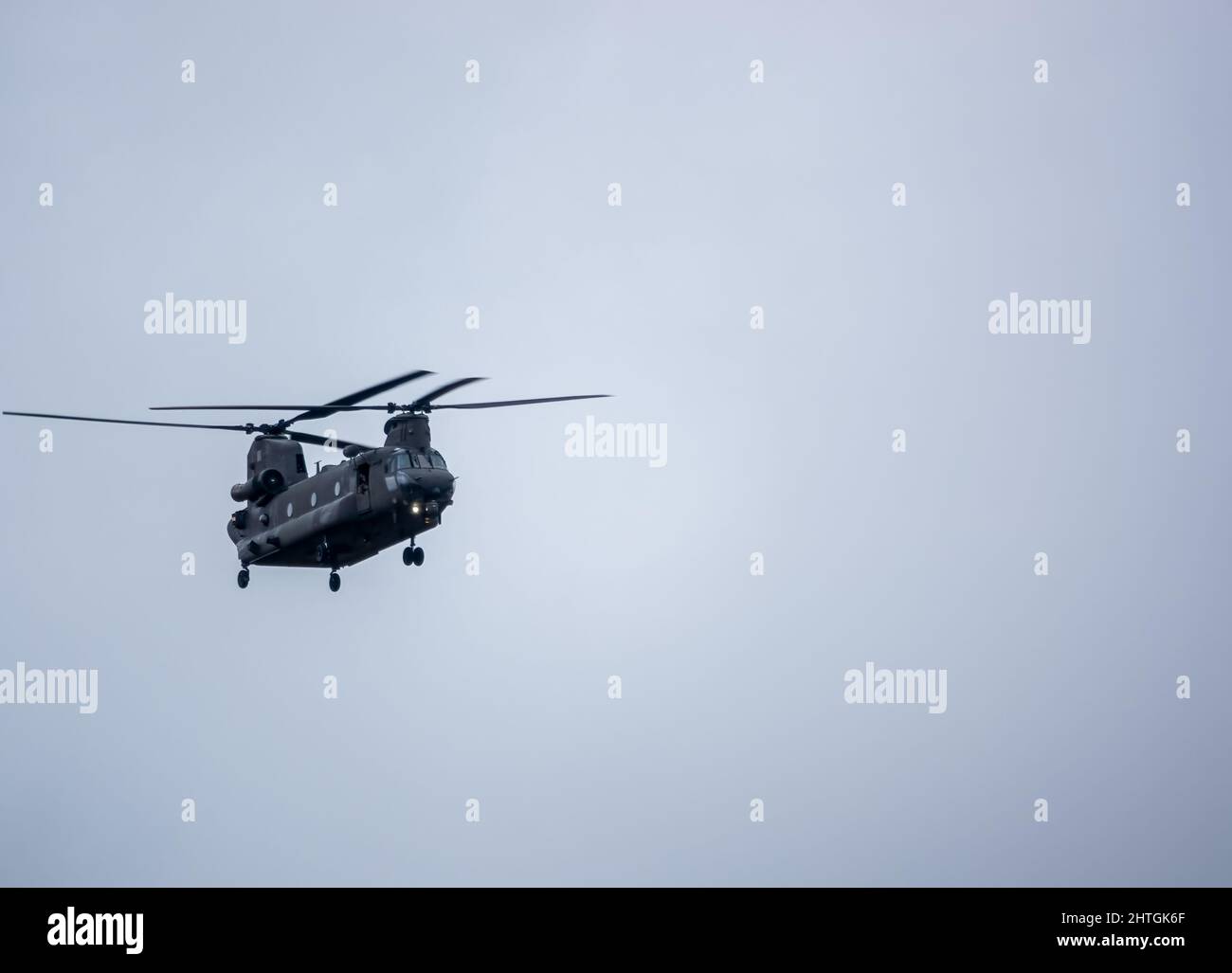 RAF Chinook tandem-rotor CH-47 helicopter flying fast and low in a ...