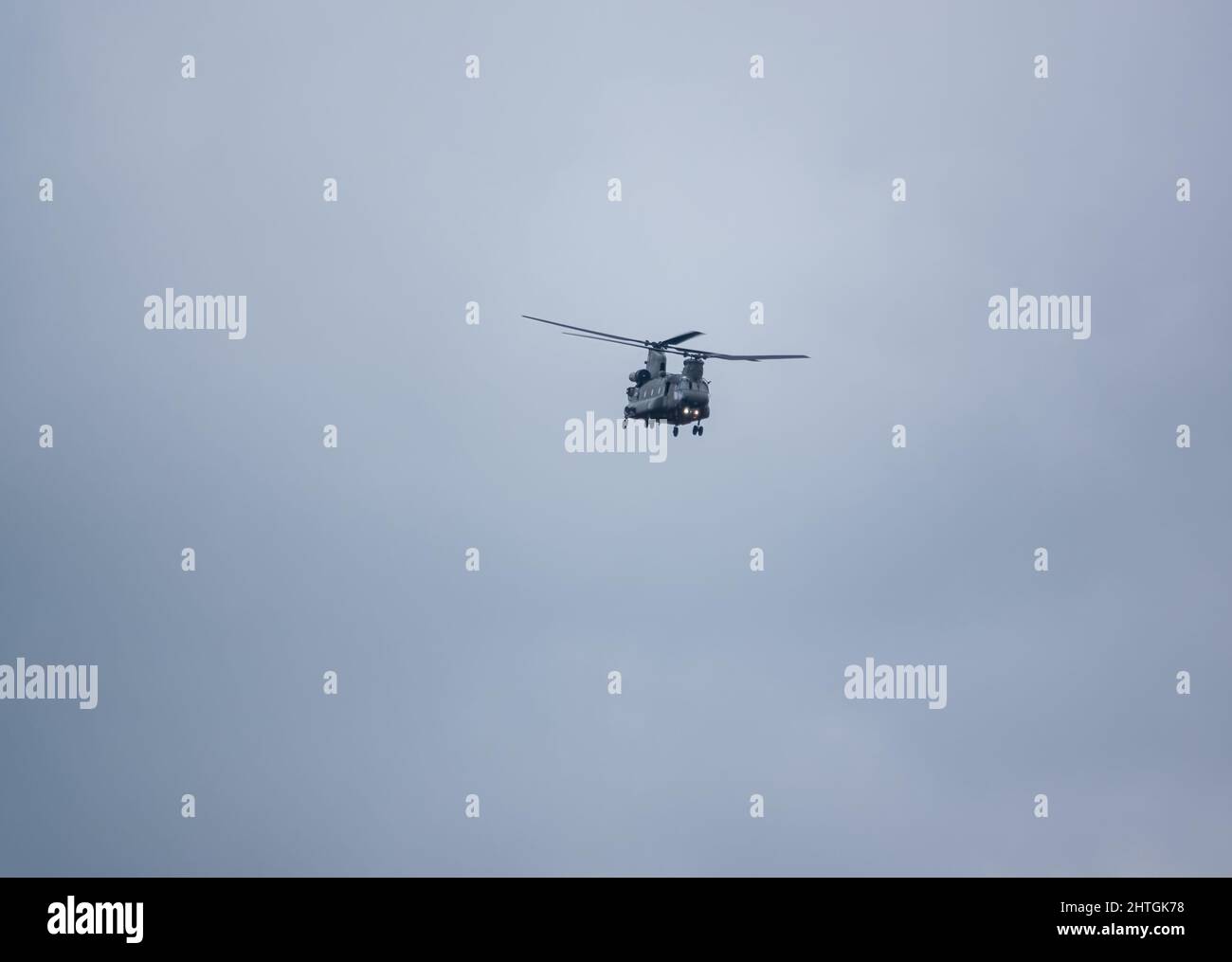 RAF Chinook tandem-rotor CH-47 helicopter flying fast and low in a ...