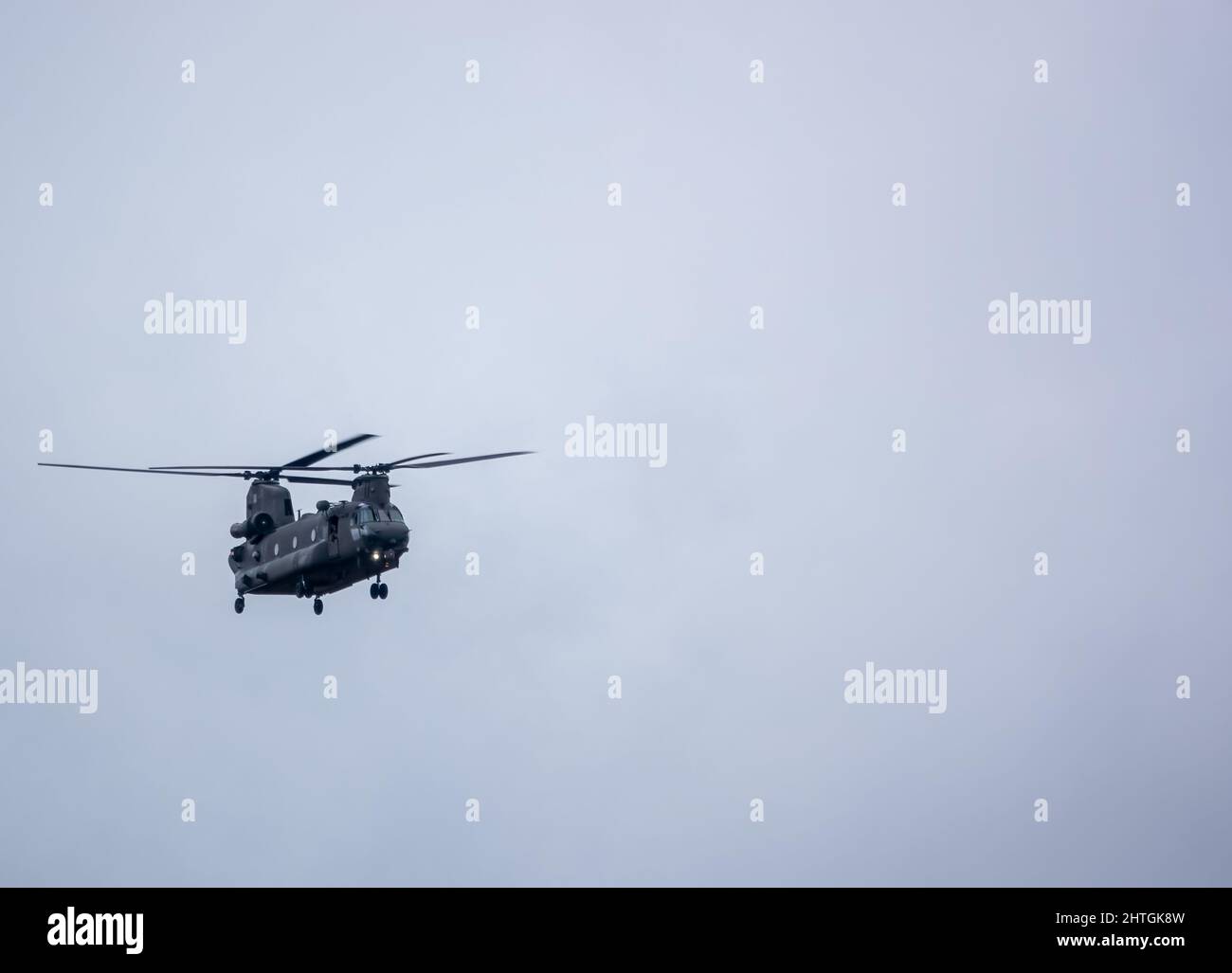 RAF Chinook tandem-rotor CH-47 helicopter flying fast and low in a ...