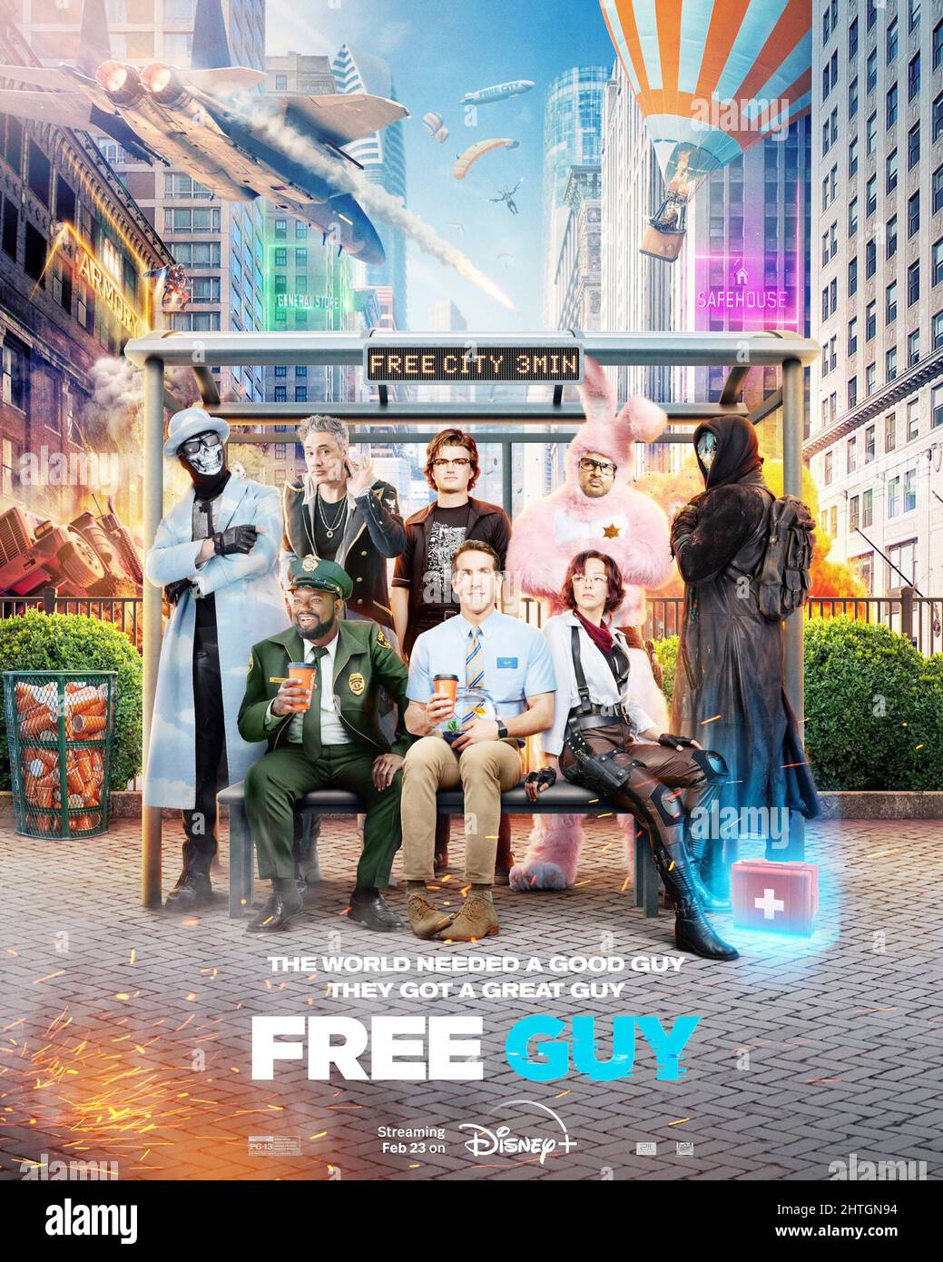 FREE GUY, US poster, top: Taika Waititi (hand up), Joe Keery (center ...