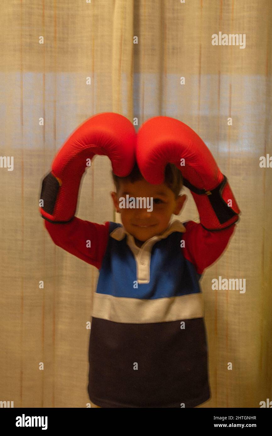 smiling boy with red boxing gloves with winning attitude with arms up ...