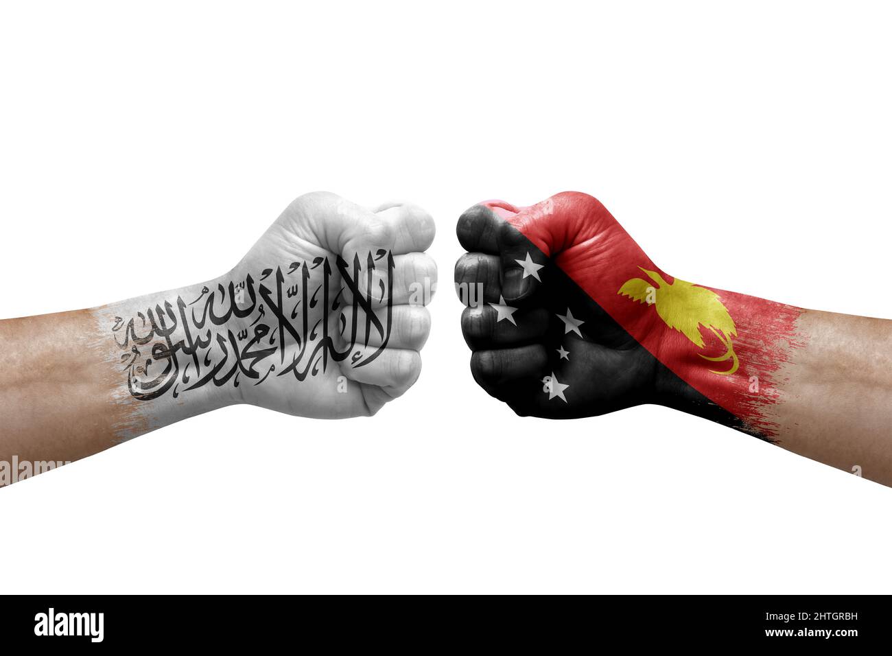 Two hands punch to each others on white background. Country flags ...