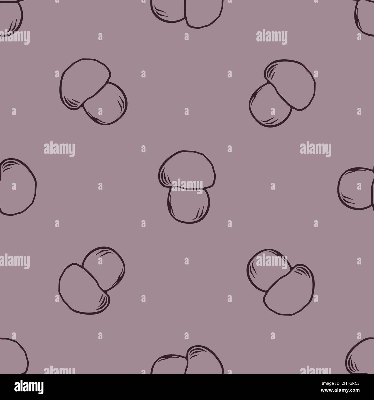 Hand drawn wild mushroom vector pattern. Seamless trendy purple biology ...