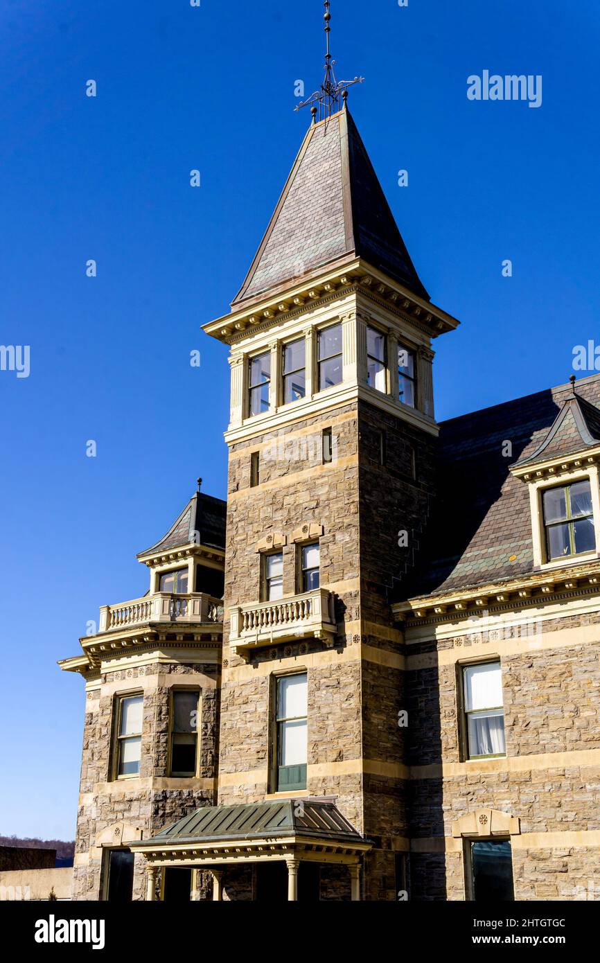 Yonkers, NY - USA - Feb 27, 2022 Vertical view of the Glenview Mansion ...
